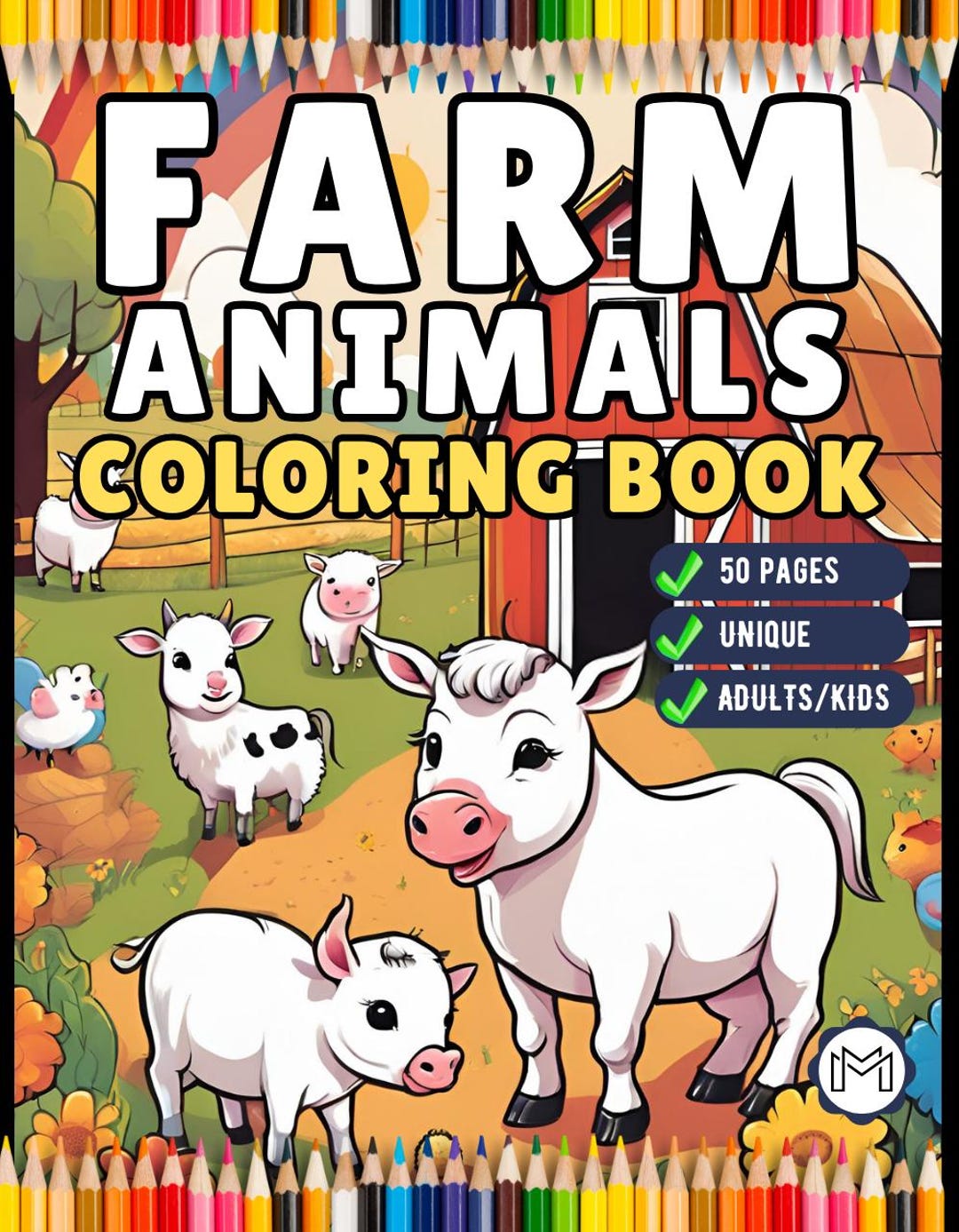 50 Pages Cute Farm Animals Coloring Book Gift for Adults Kids Men Women ...
