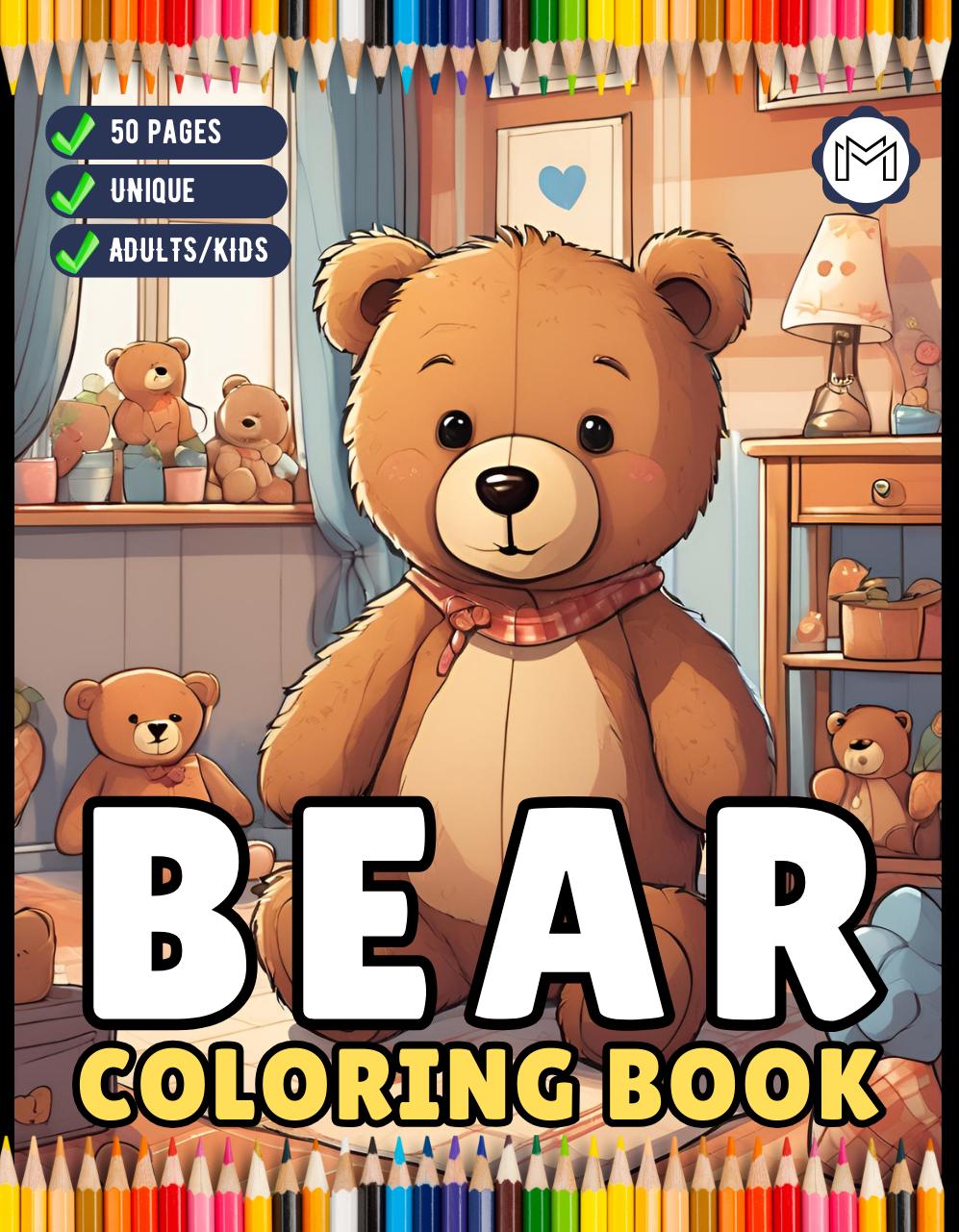 50 Pages Cute Teddy Bear Coloring Book Gift for Adults Kids Men Women ...