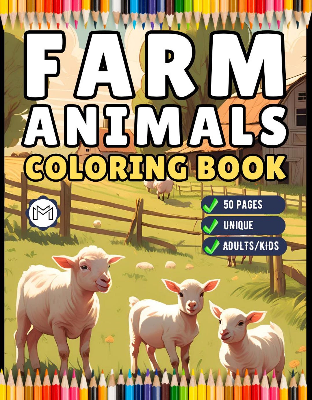 50 Pages Cute Farm Animals Coloring Book Gift for Adults Kids Men Women ...