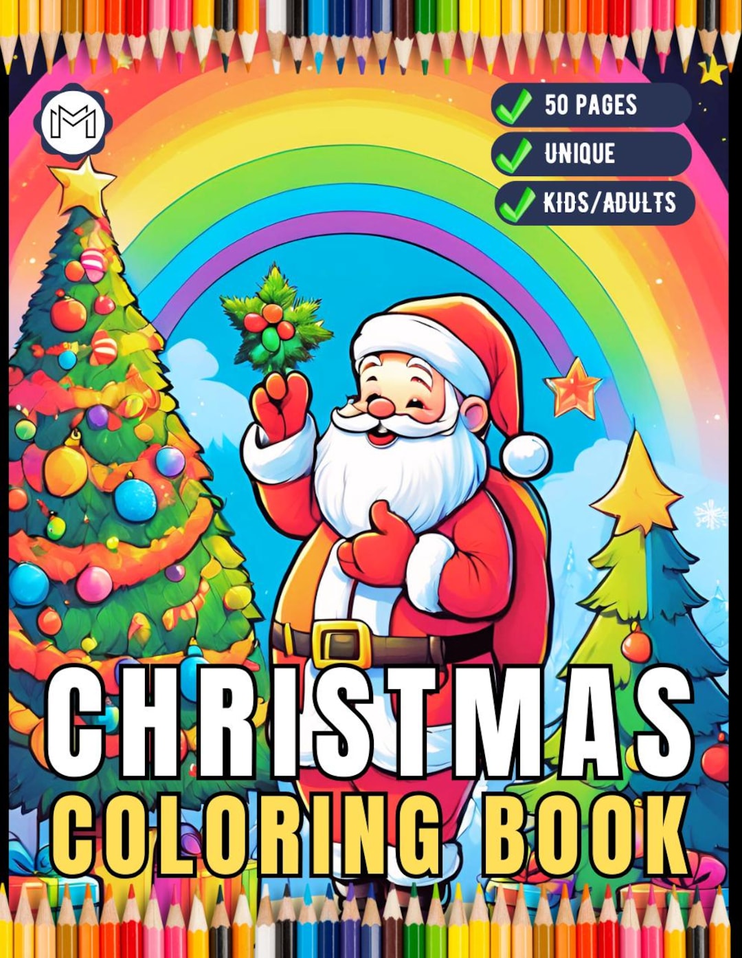 50 Pages Merry Christmas Coloring Book Gift for Adults Men Women Kids ...