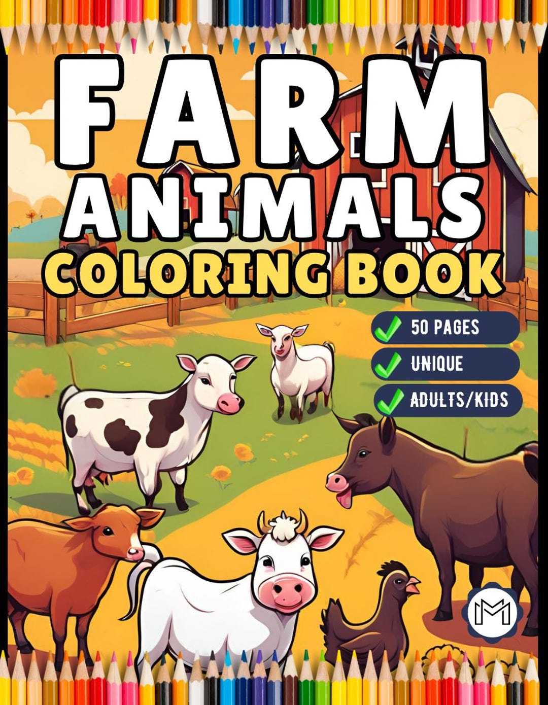 50 Pages Cute Farm Animals Coloring Book Gift for Adults Kids Men Women ...
