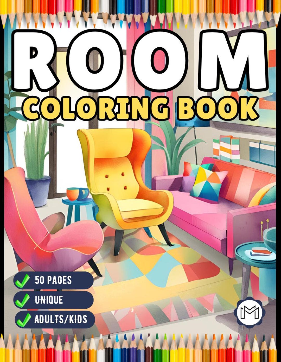 50 Pages Interior Design Cute Cozy Room Coloring Book Birthday Gift for ...