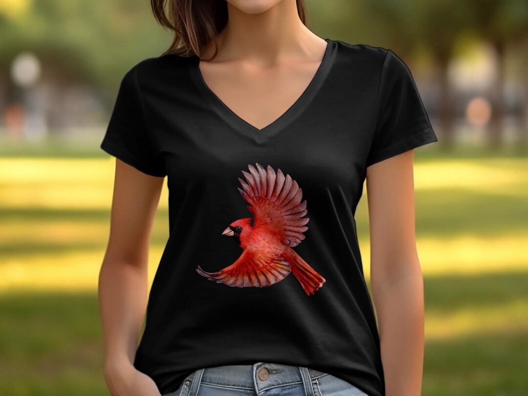 Cute Flying Northern Red Cardinal Bird Redbird Wings V-neck T-shirt ...