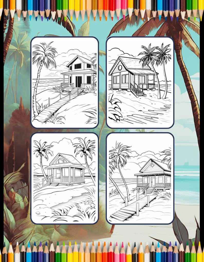 50 Pages Tropical Beach Homes Coloring Book Birthday Holiday Gift ...
