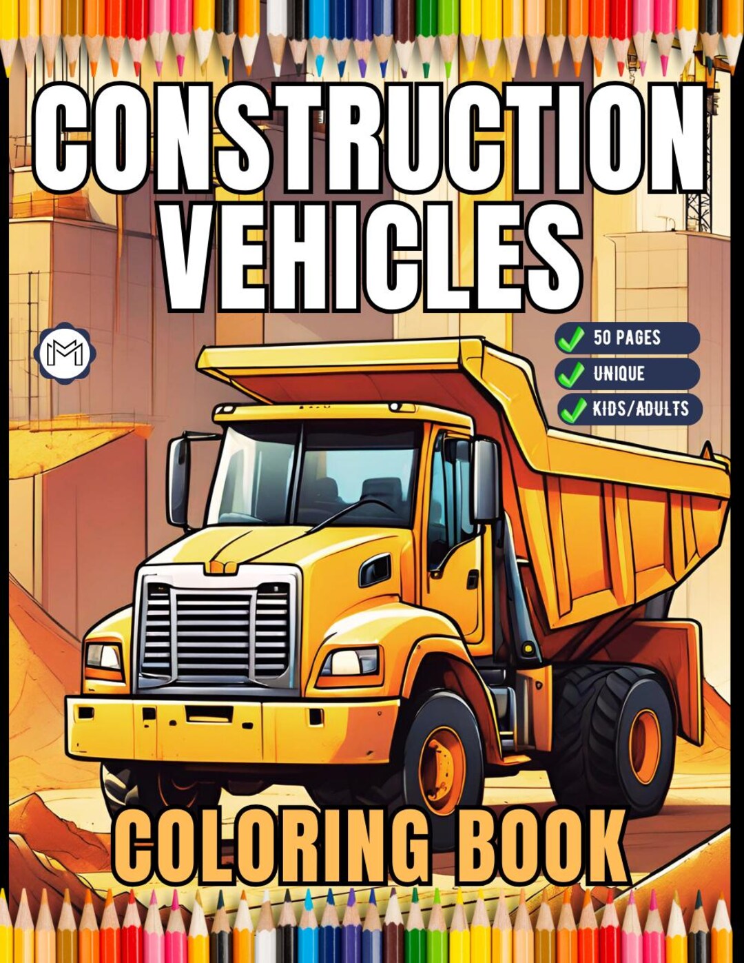 50 Pages Construction Vehicle Coloring Book Gift for Men Women Adults ...