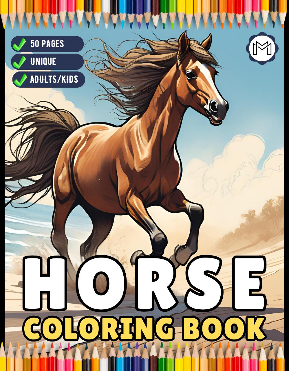 50 Pages Horse Coloring Book Gift for Adults Kids Men Women Kids Boys ...