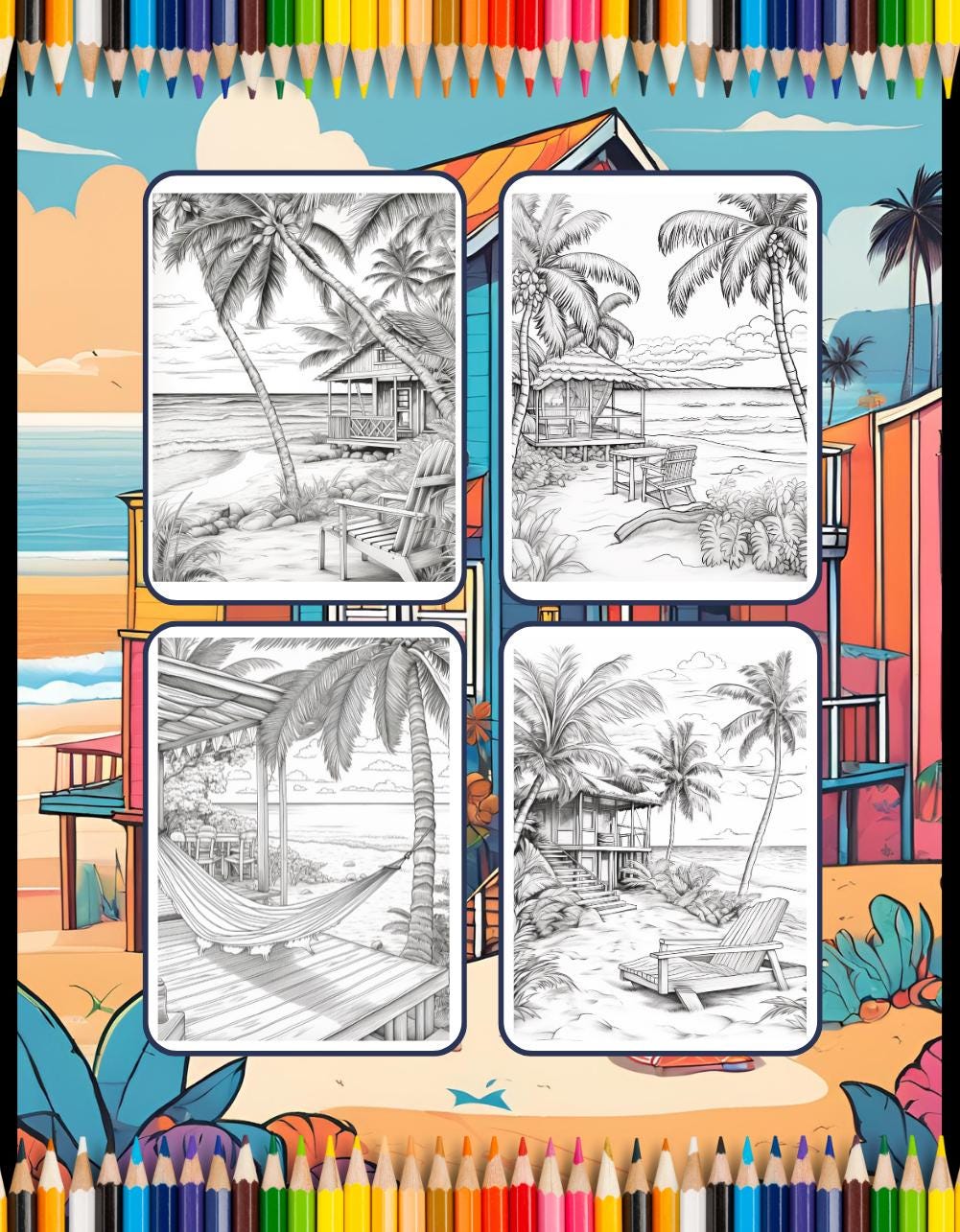 50 Pages Tropical Beach Homes Coloring Book Birthday Holiday Gift for ...