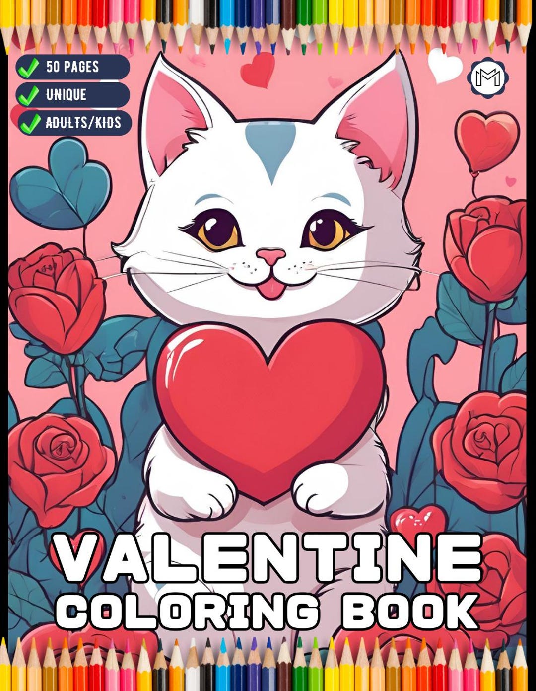 50 Pages Cute Cat Kitten Valentine Day Coloring Book Gift for Adults ...