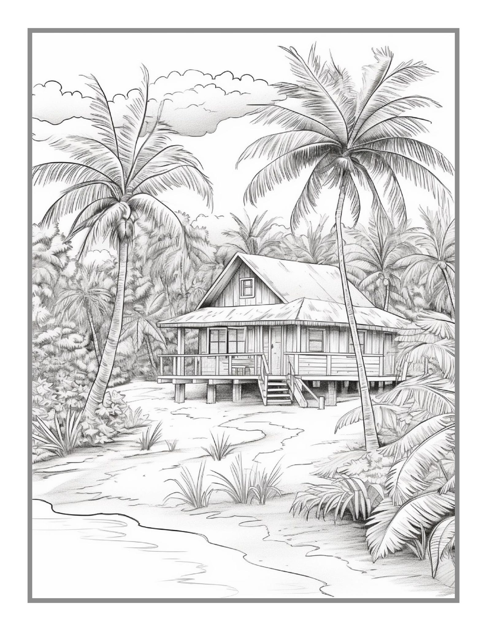 50 Pages Tropical Beach Homes Coloring Book Birthday Holiday Gift for ...