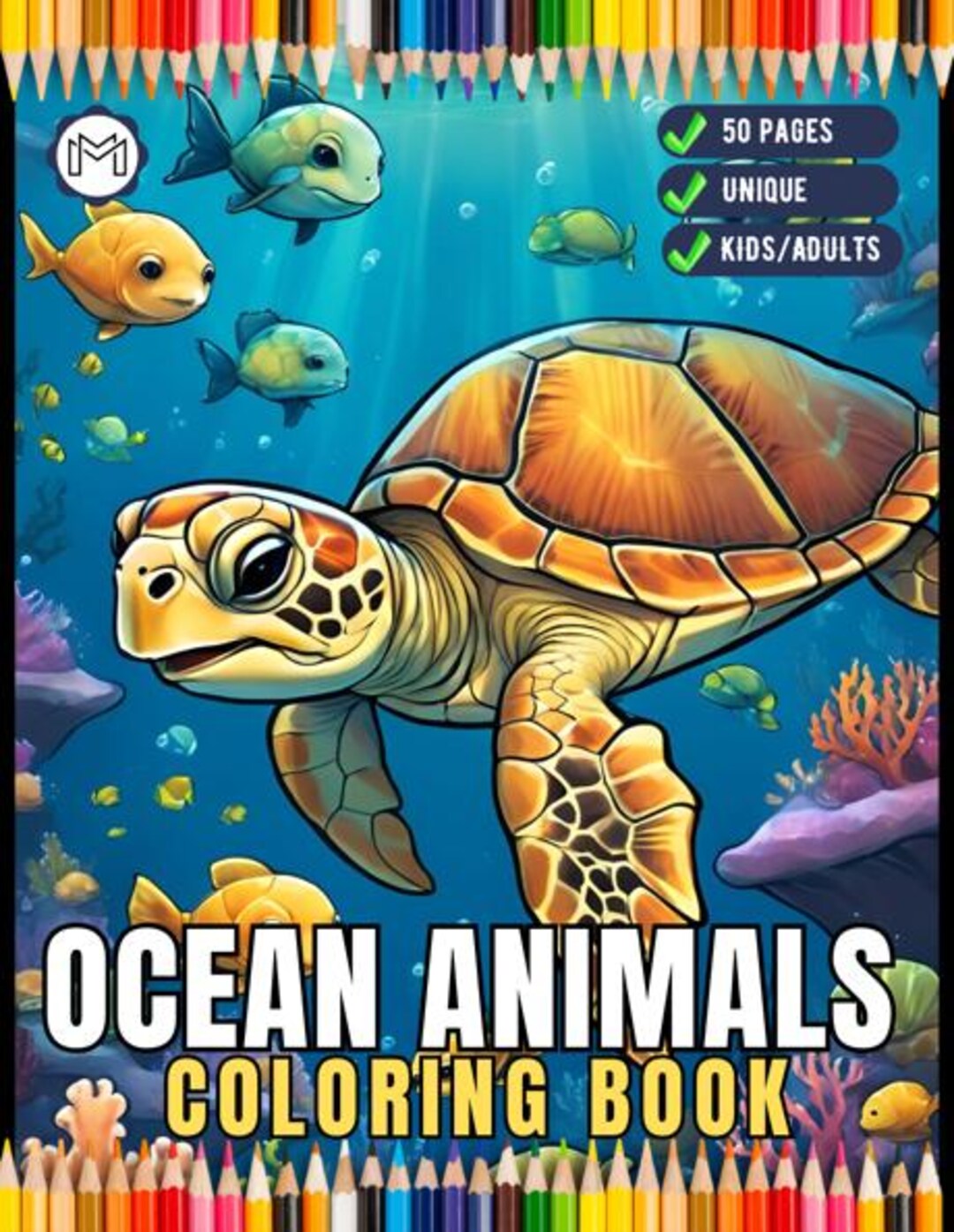 50 Pages Ocean Animals Cute Deep Sea Creatures Fish Coloring Book Gift ...