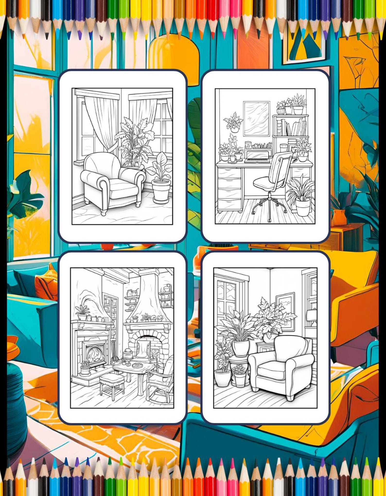 50 Pages Interior Design Cute Cozy Room Coloring Book Birthday Gift for ...