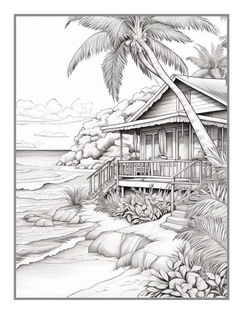 50 Pages Tropical Beach Homes Coloring Book Birthday Holiday Gift for ...