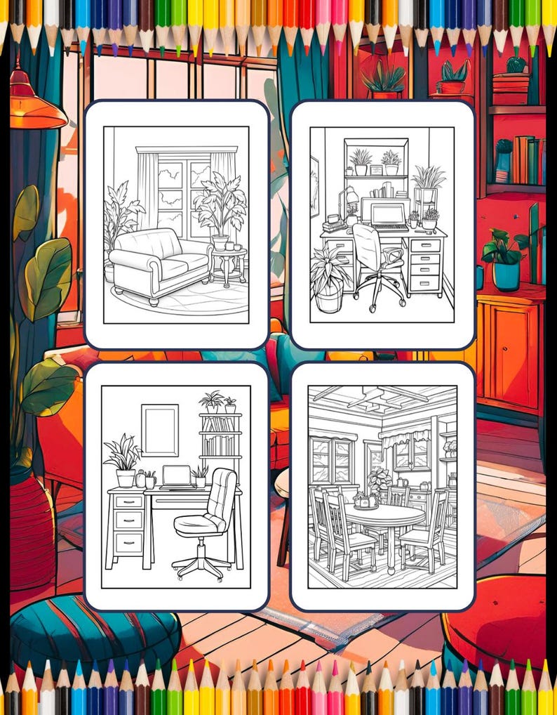 50 Pages Interior Design Cute Cozy Room Coloring Book Birthday Gift for ...