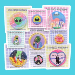 Set of 9 Alien Button Badges Pins. Blue Set. Shiny Holographic Funny ...