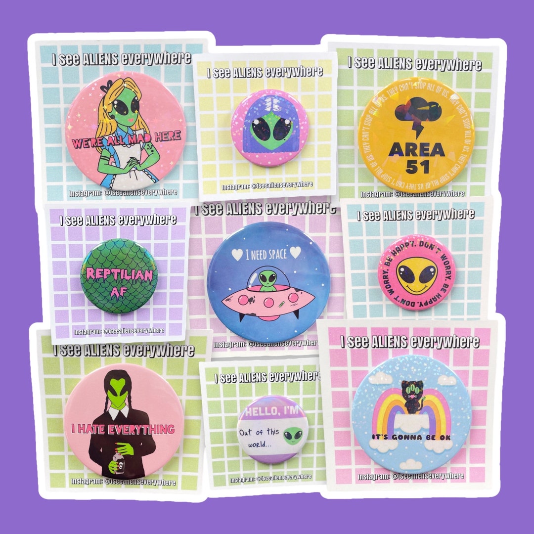 Set of 9 Alien Button Badges Pins. Purple Set. Shiny Holographic Funny ...