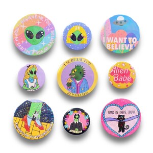 Set of 9 Alien Button Badges Pins. Blue Set. Shiny Holographic Funny ...