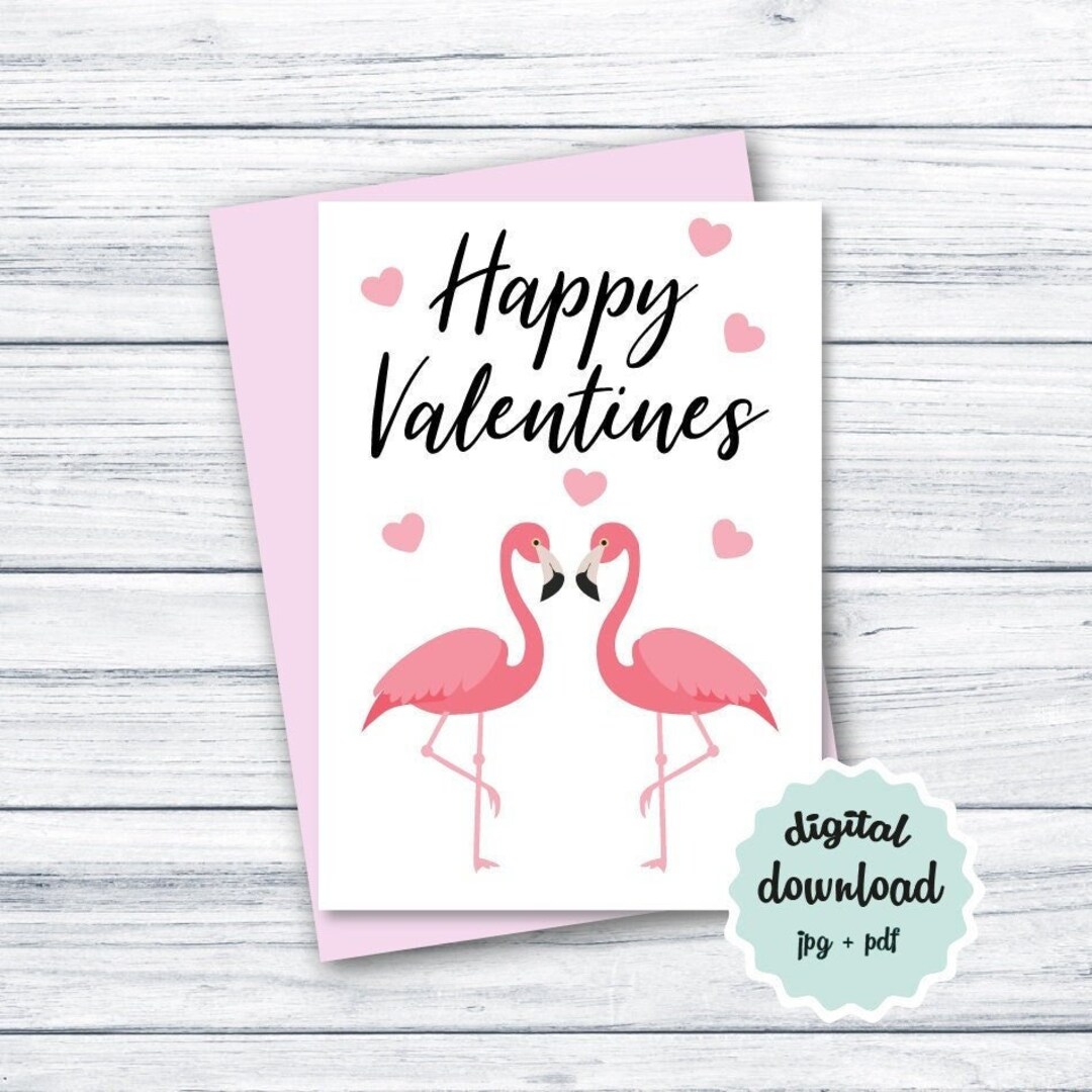 Valentines Day Card PRINTABLE Cute Valentine's Card Flamingo DIGITAL ...