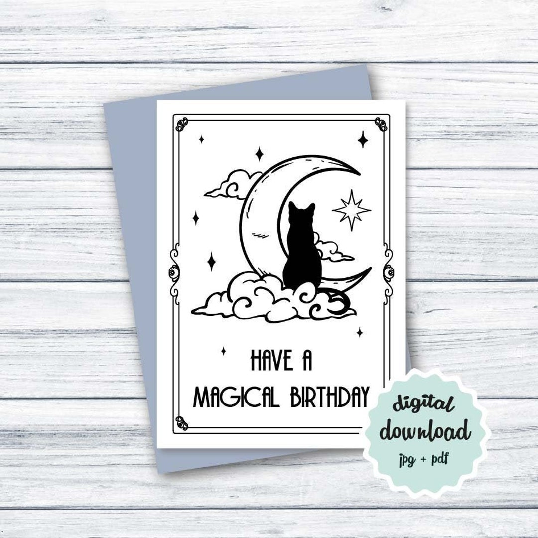 Witchy Birthday Card PRINTABLE Cat Moon Birthday Card Wiccan Tarot ...