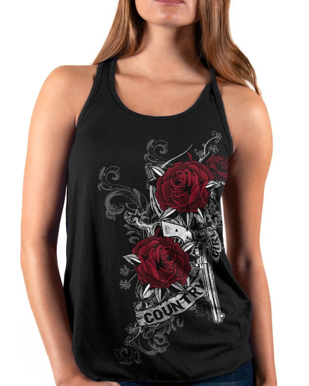 Pistol & Spurs Red Rose Tank Top, Country Girl® Floral Gun Racerback ...