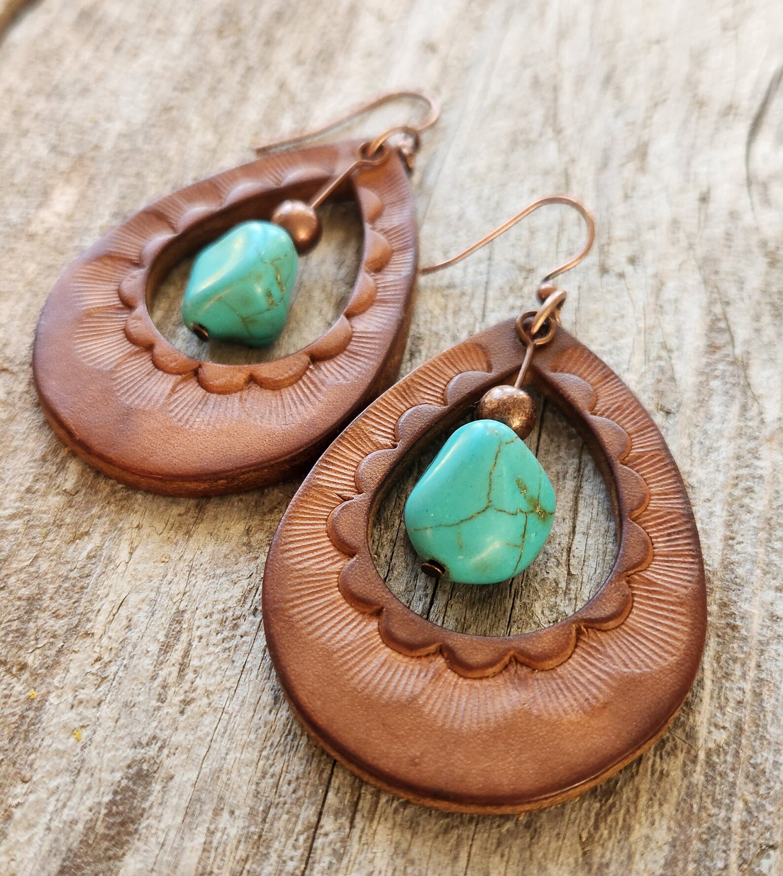 Handmade Tooled Leather & Turquoise Earrings - Etsy