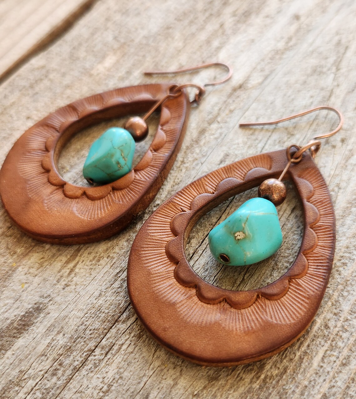 Handmade Tooled Leather & Turquoise Earrings - Etsy