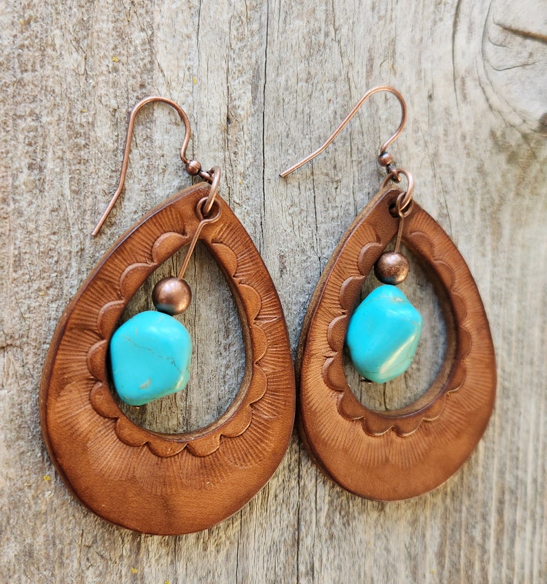 Handmade Tooled Leather & Turquoise Earrings - Etsy
