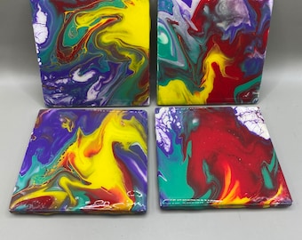 Fluid Art Painting Coasters, Acrylic Pour, Handmade, Set of 4, One of A ...