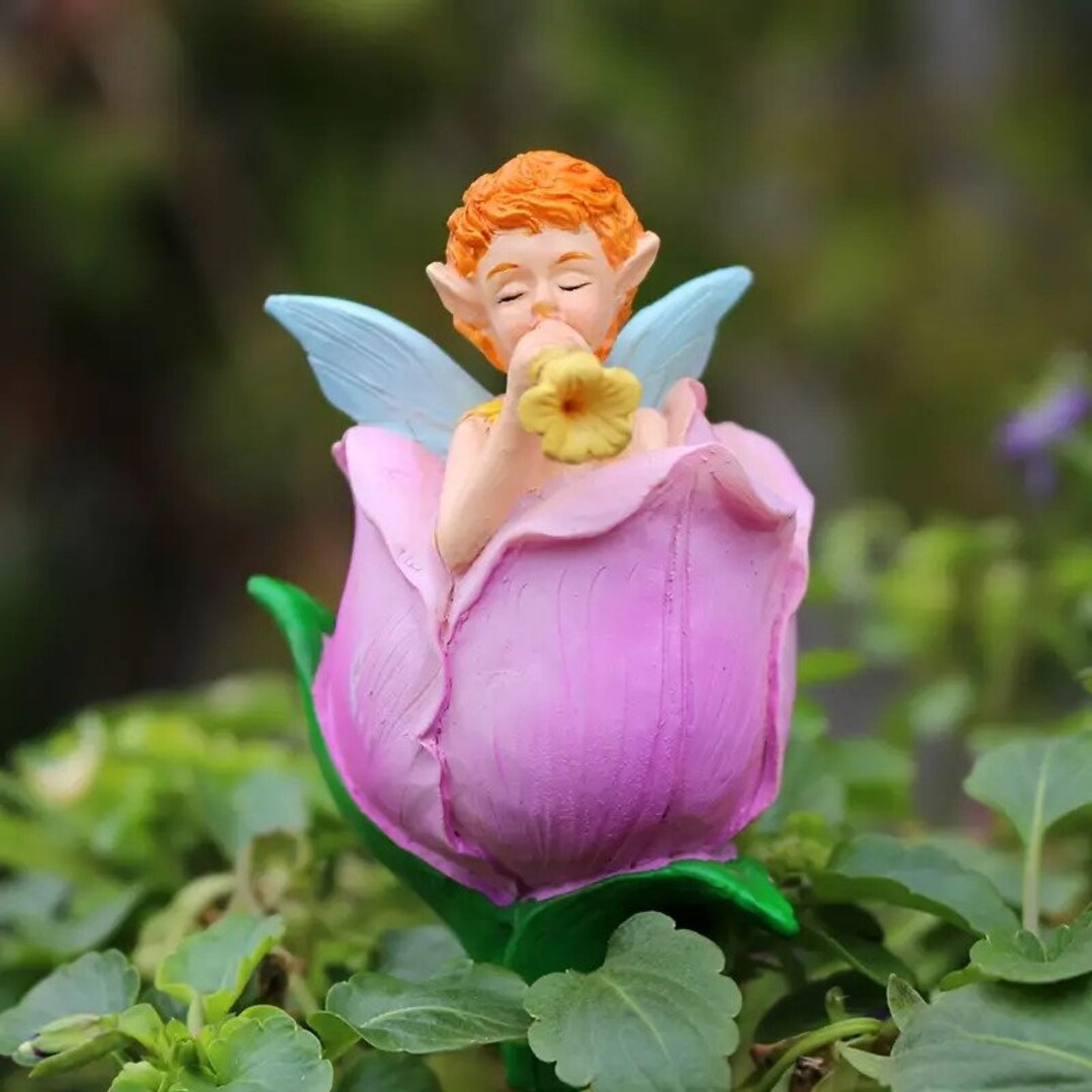Miniature Fairy Garden 6.5" Male Fairy Sitting in Pink Flower Pick - Etsy