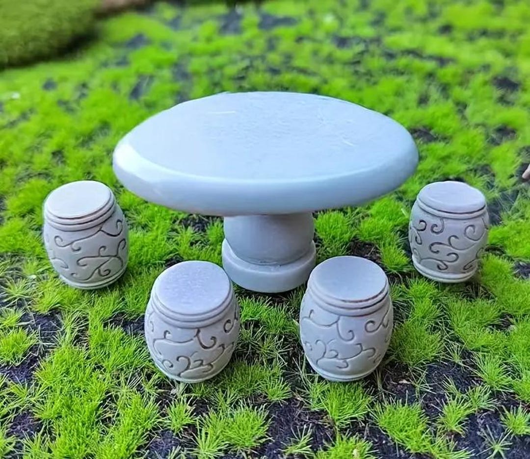 Miniature Fairy Garden Cement-look Table & 4 Pedestal Stools - Etsy
