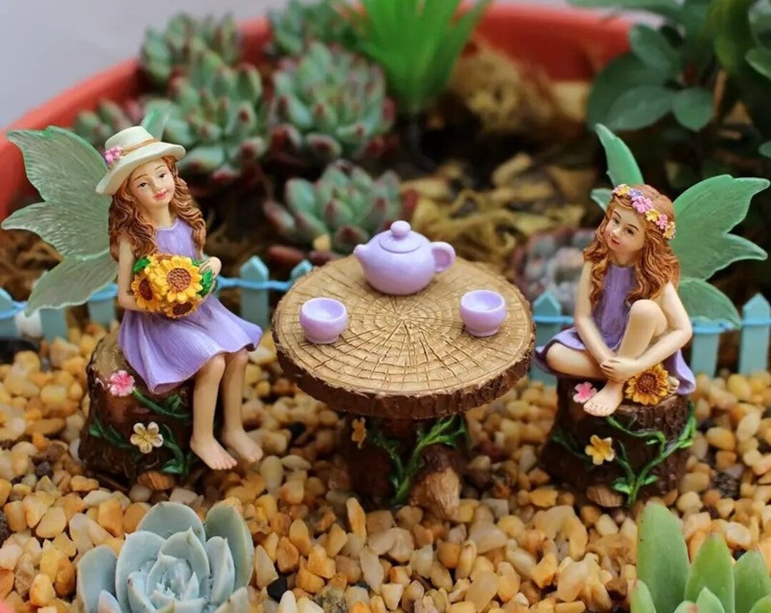 Miniature Fairy Garden 2 Fairies W/ Tea Set, Table and 2 Stools - Etsy