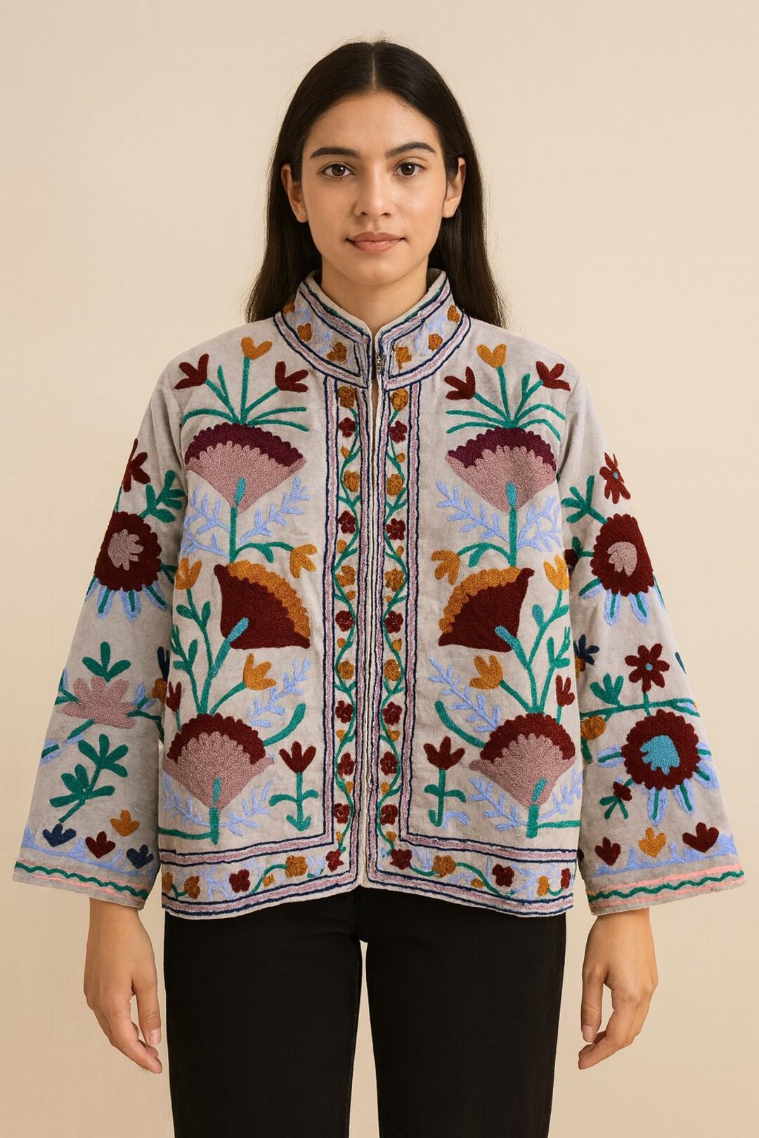 Grey Velvet Embroidered Floral Jacket - Etsy