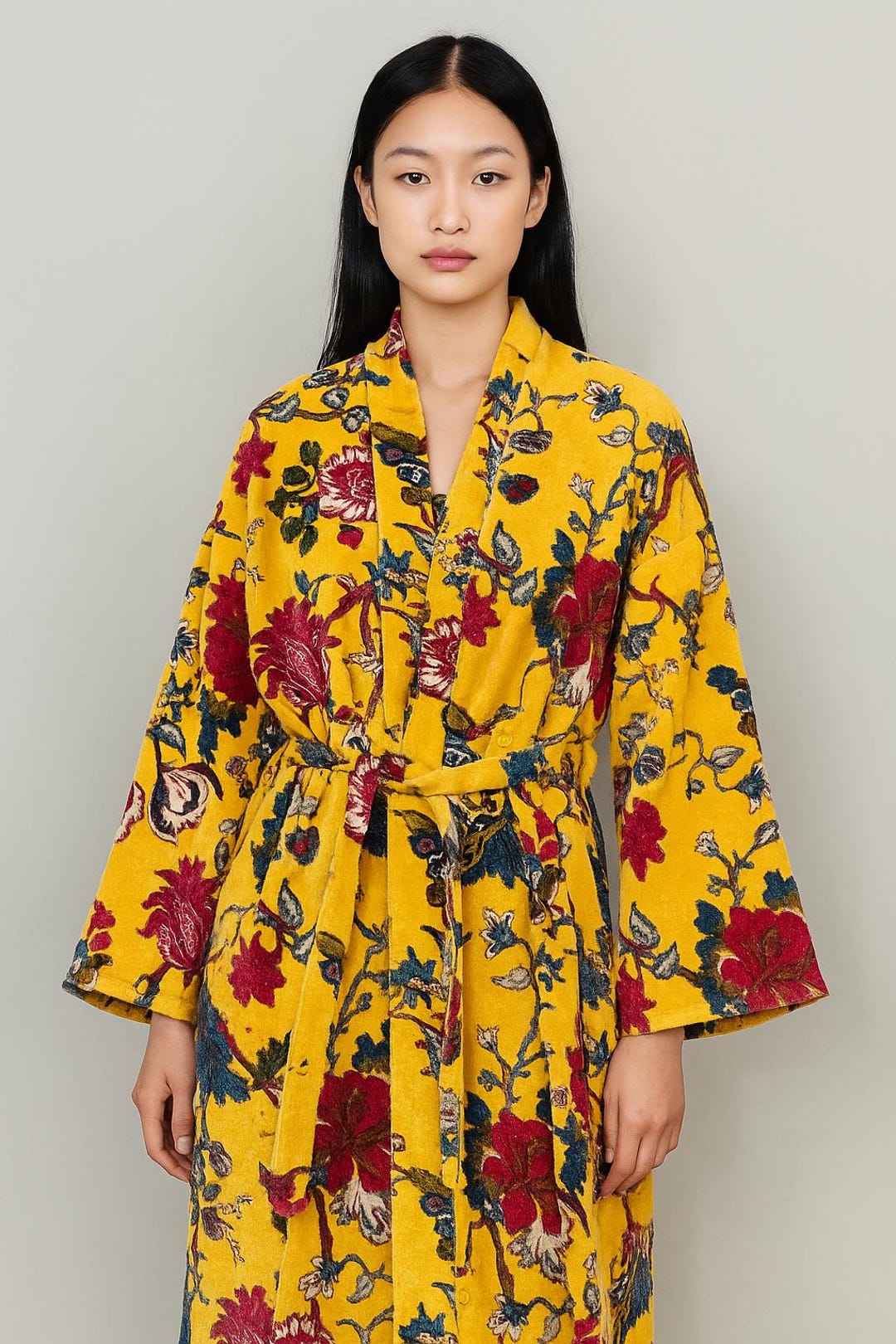Floral Print Yellow Velvet Kimono , Morning Tea Robe, Unisex Long Coat ...