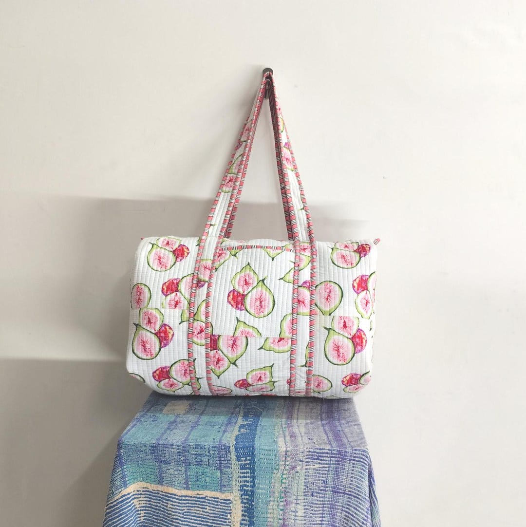 Fig Print Cotton Duffle Bag – Handmade White Quilted Travel Bag - Etsy