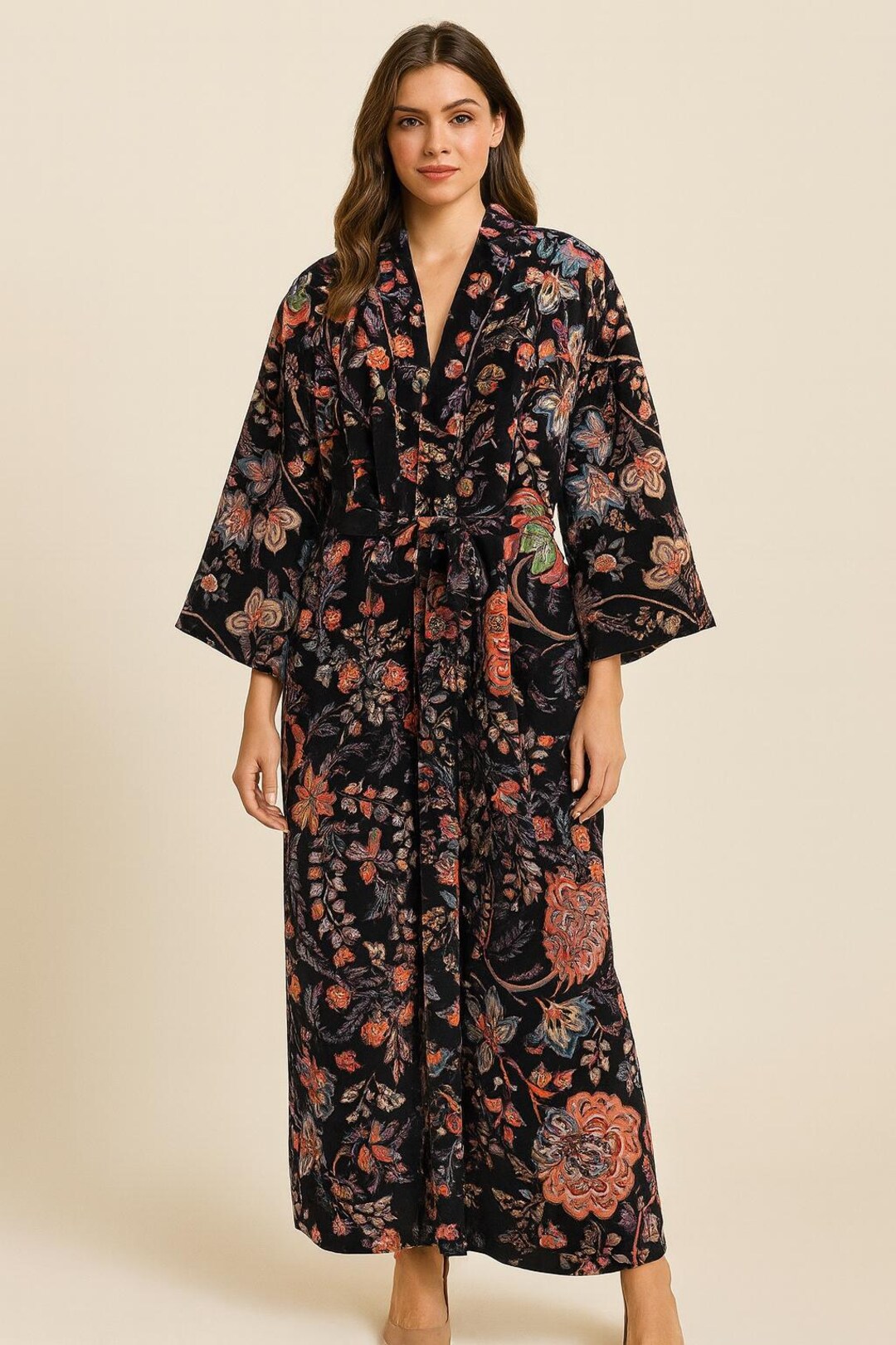 Black Velvet Kimono With Multicolor Floral Print - Etsy
