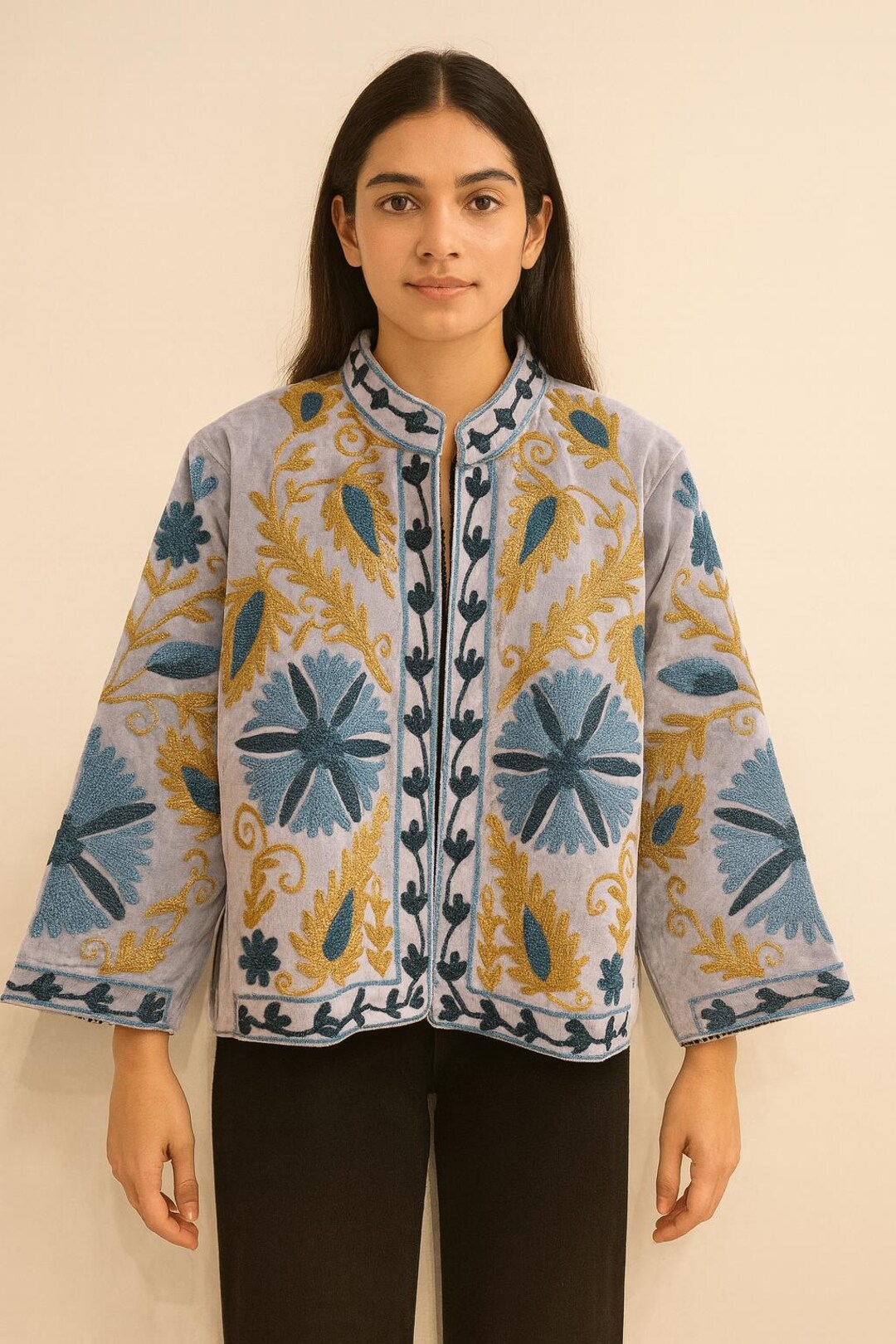 Embroidered Floral Grey Velvet Jacket With Golden Detailing - Etsy