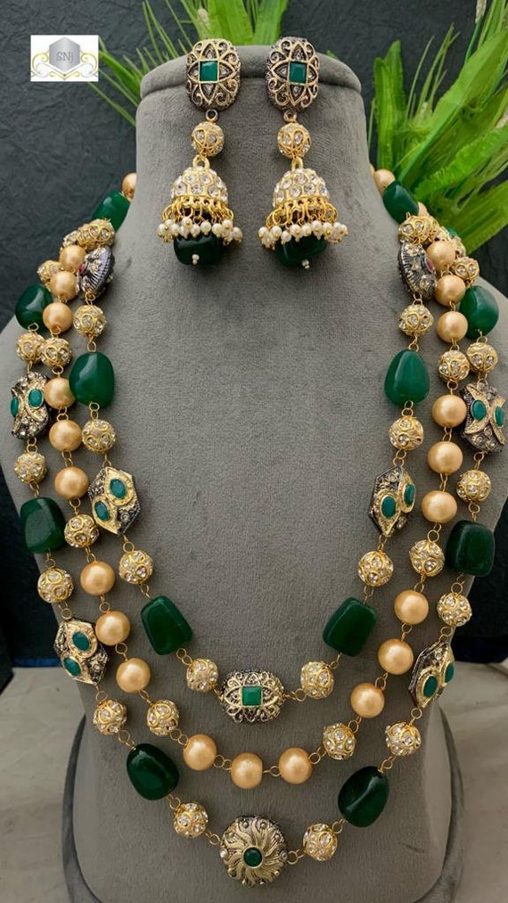 3 layer long Necklace set Designer necklace set Multi color set Victorian Necklace Long kundan necklace Navratan set sabyasachi jewelry sets Etsy