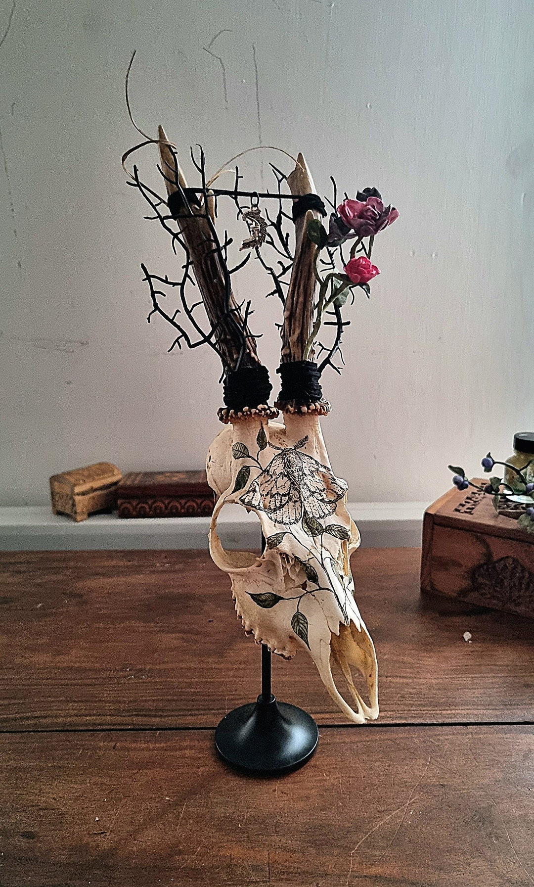 Real Roe Deer Skull Hand Painted Moth With Sculpted Clay Wild Roses ...