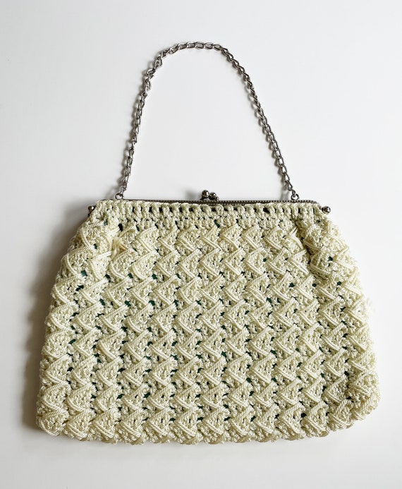 1960 pretty pale yellow crochet bag carried by hand a… - Gem