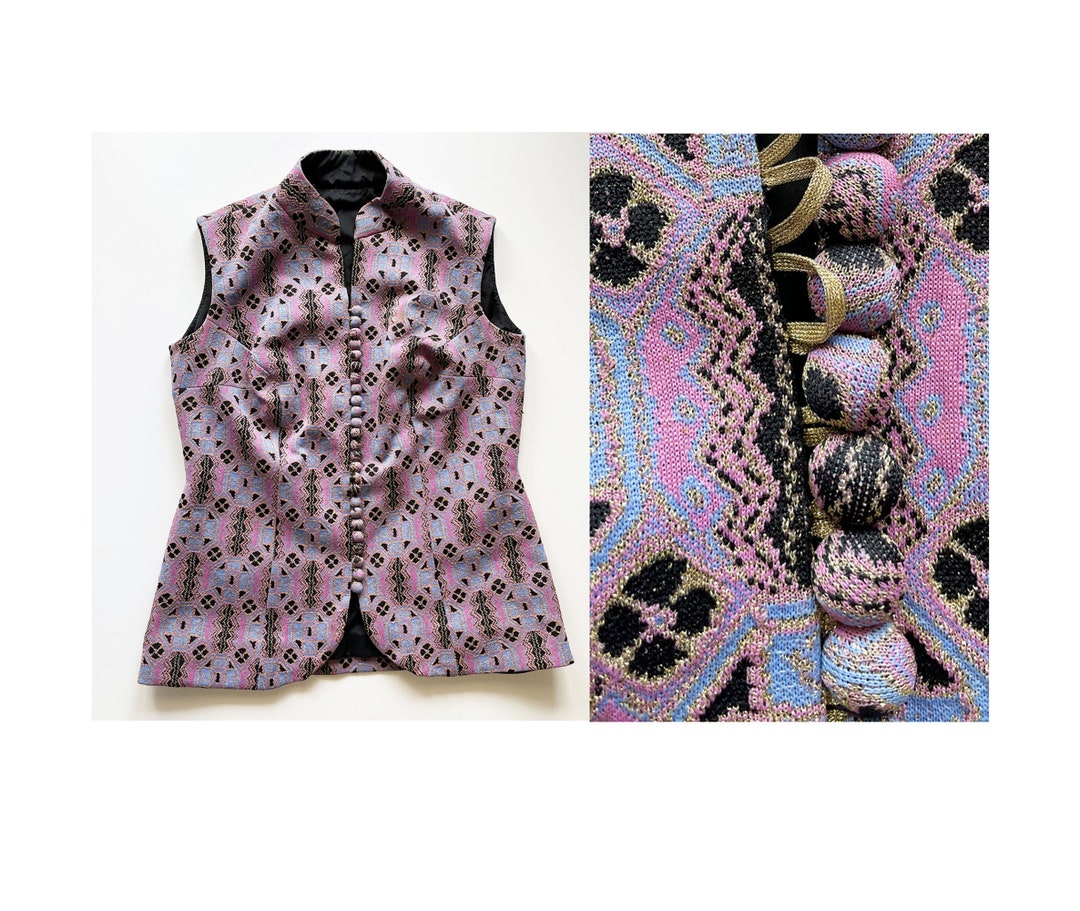 Late 1960s Vintage Sleeveless Jacket, Abstract Pattern Vest With Gold ...