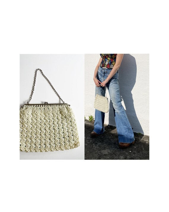 1960 pretty pale yellow crochet bag carried by hand a… - Gem