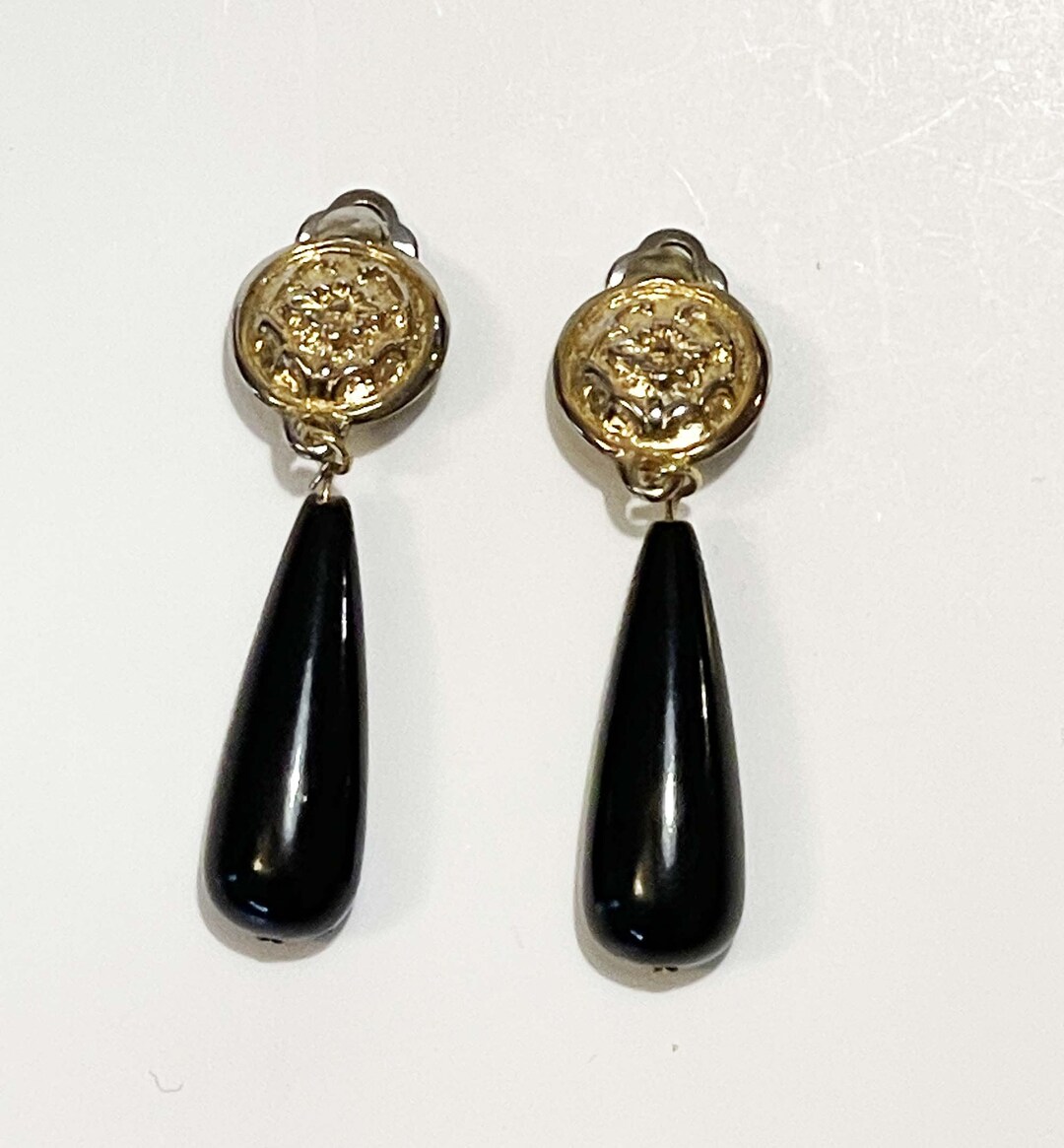 1980 Clip-on Drop Earrings Gold Metal Ear Clips and Black - Etsy