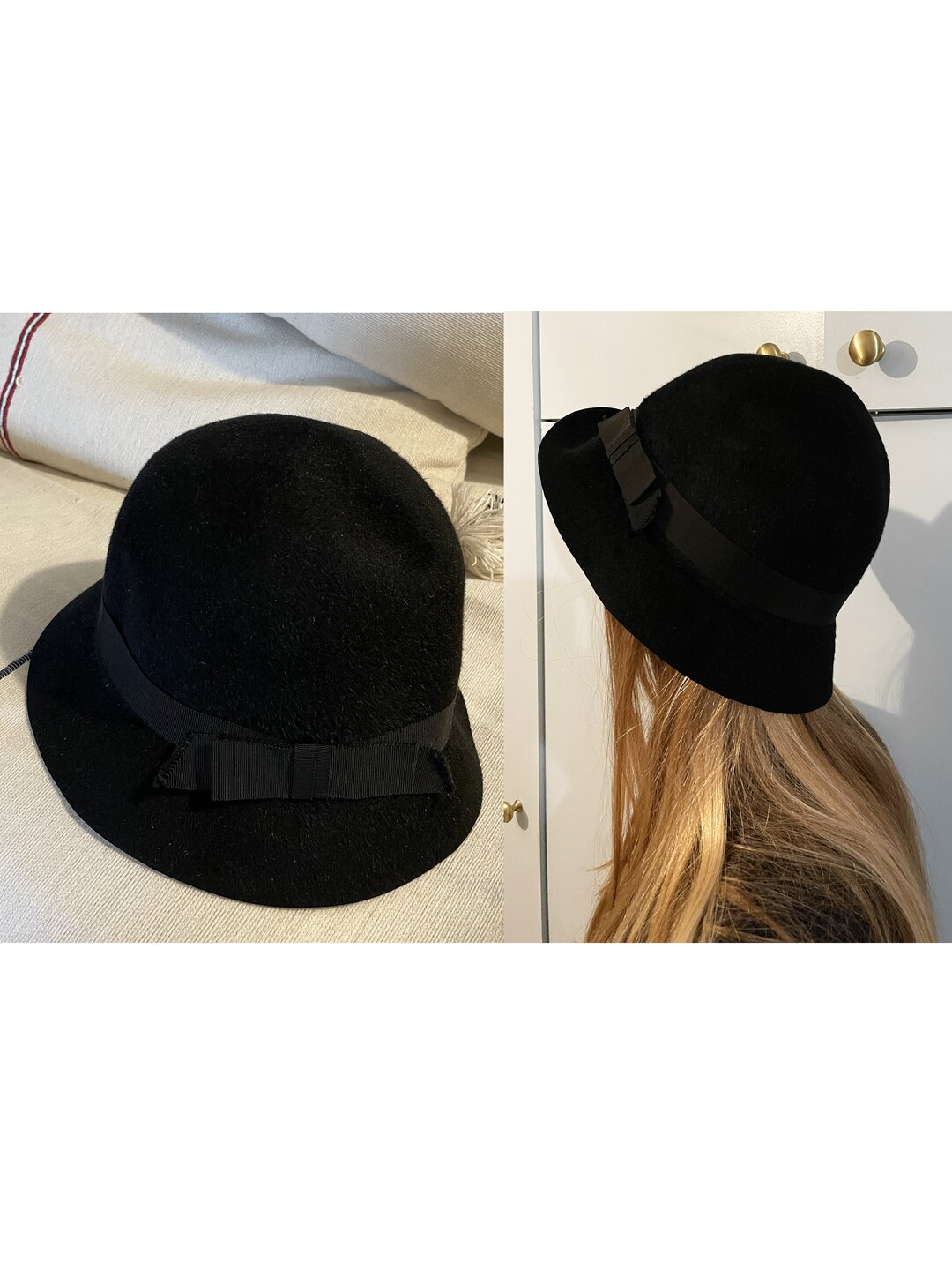 Black Bell Hat in Wool Felt and Coarse Grain Knot, Head Size ...