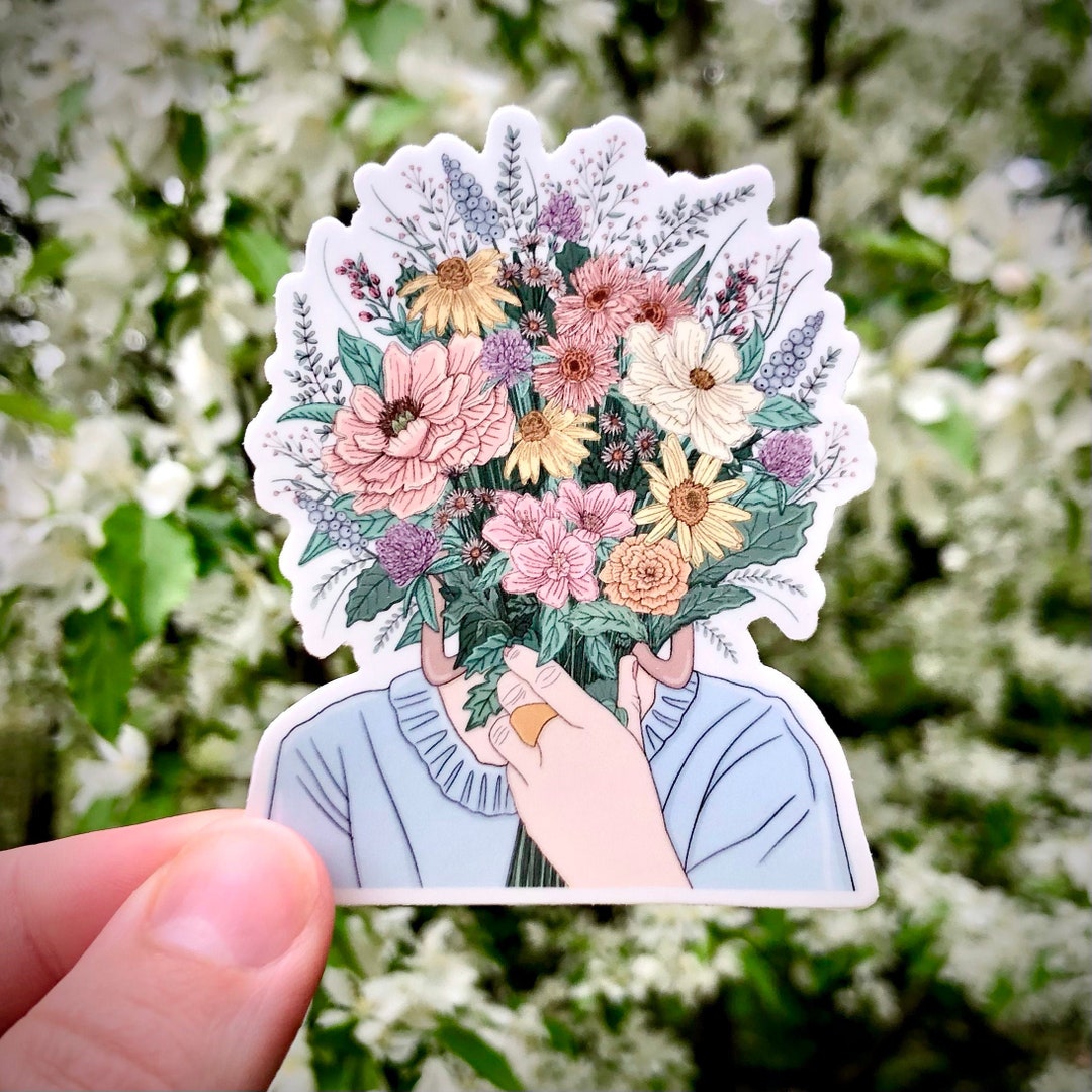 Vinyl Sticker, Flower Face, Boho Woman With Bouquet, Waterproof and ...