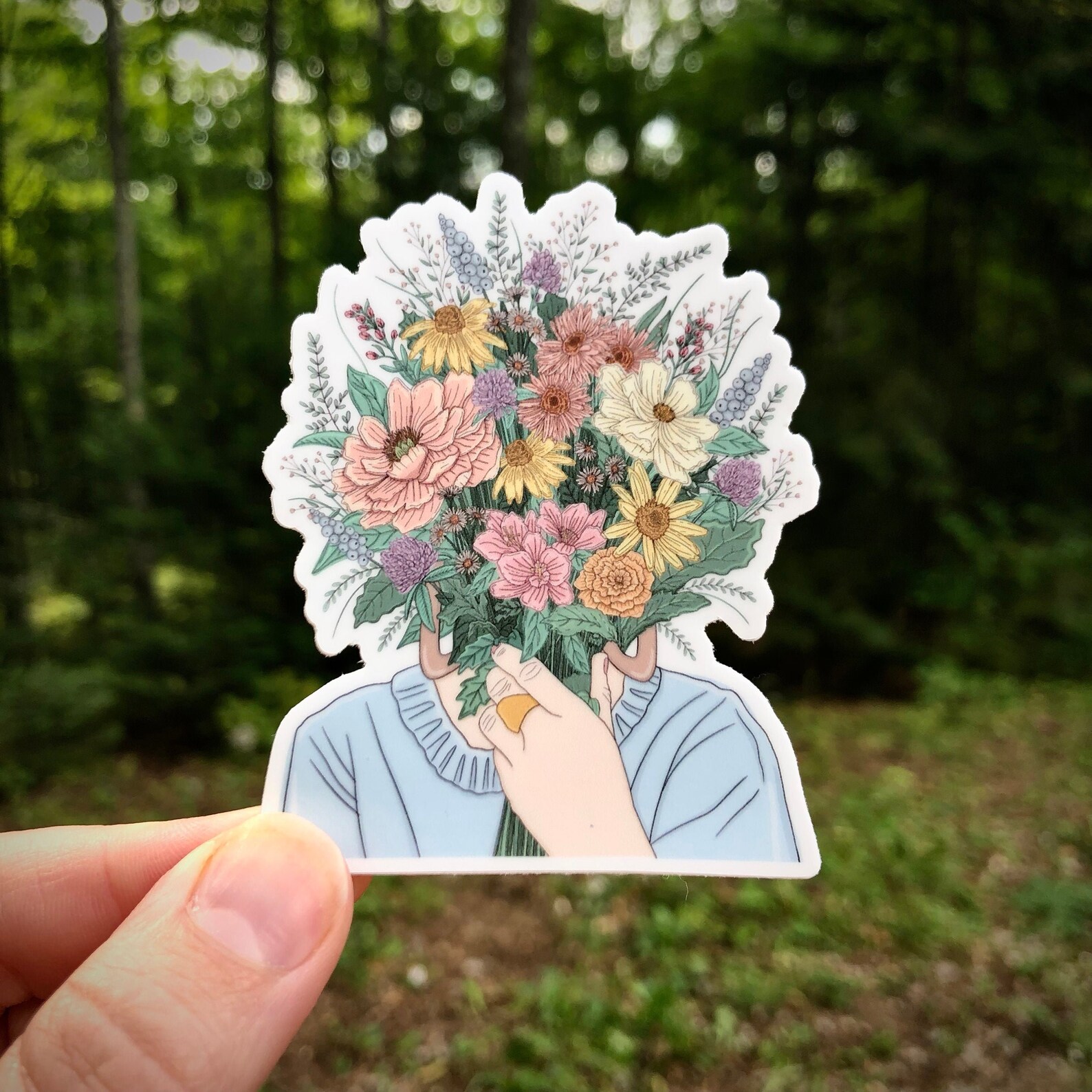 Vinyl Sticker, Flower Face, Boho Woman With Bouquet, Waterproof and ...