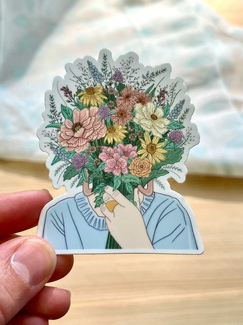 Vinyl Sticker, Flower Face, Boho Woman With Bouquet, Waterproof and ...