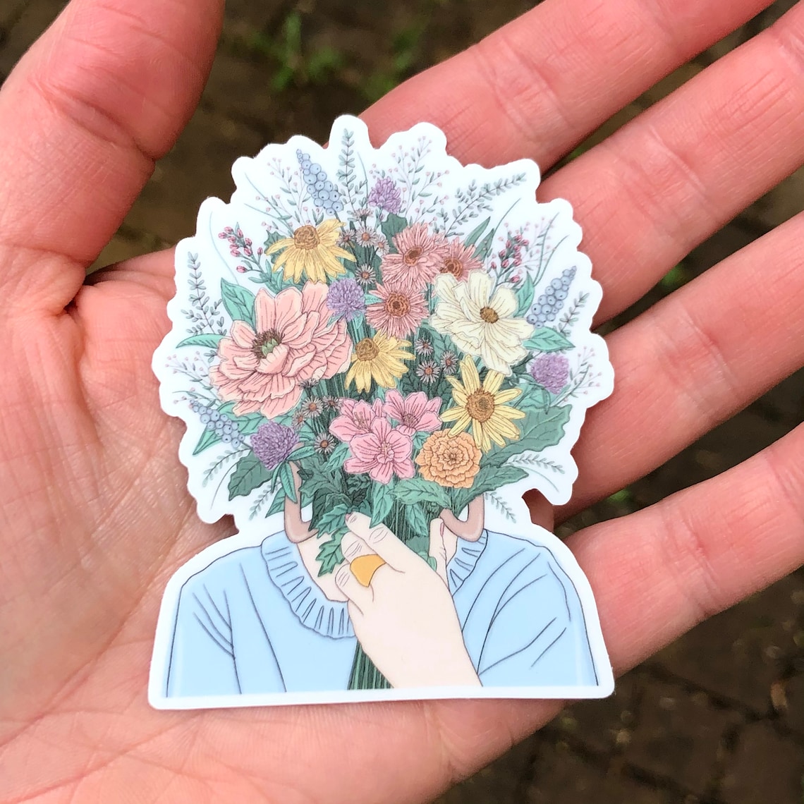 Vinyl Sticker, Flower Face, Boho Woman With Bouquet, Waterproof and ...