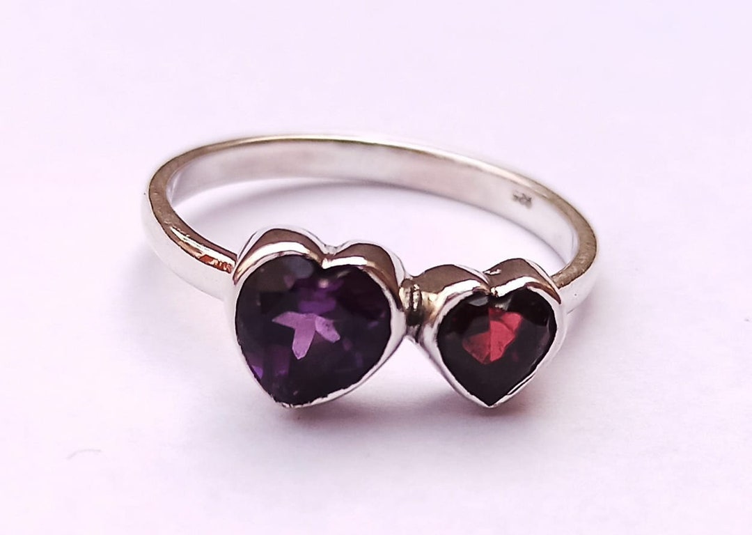 925 Sterling Silver Heart Shape Ring With Natural Amethyst and Garnet ...