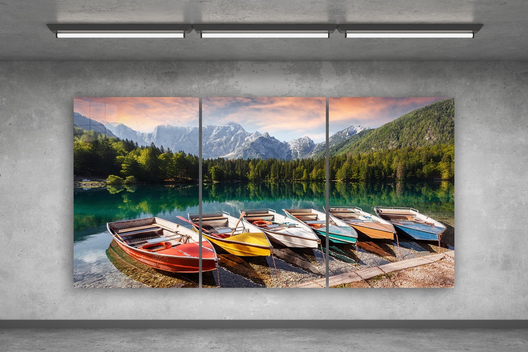 3 Panel Tempered Glass Wall Art: Lake Boats Scene - Extra Large Wall ...