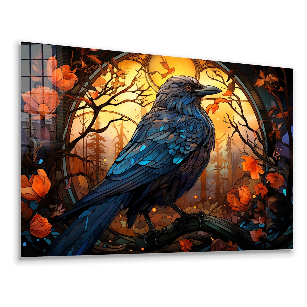 Crow Stained Glass Wall Art: Halloween Decor, Large Tempered Glass ...