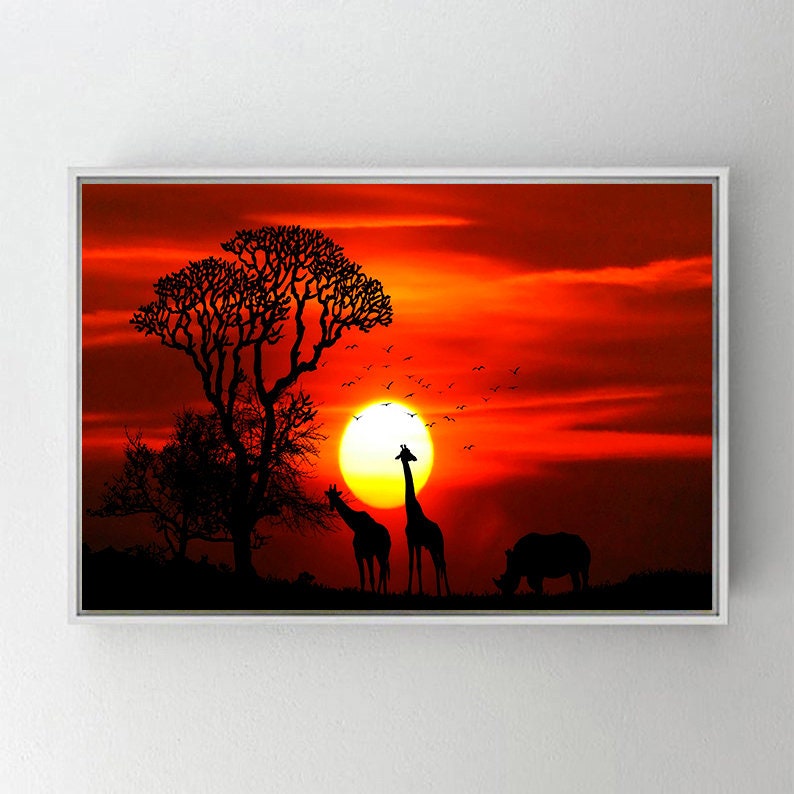 African Sunset Safari Animals Print on Canvas Floating - Etsy